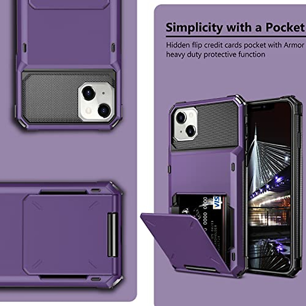 Vofolen Case for iPhone 13 Wallet 4-Card Holder ID Slot Flip Door Hidden Pocket Anti-Scratch Dual Layer Hybrid TPU Bumper Armor Protective Hard Shell Back Cover for iPhone 13 6.1 inch GreyPurple