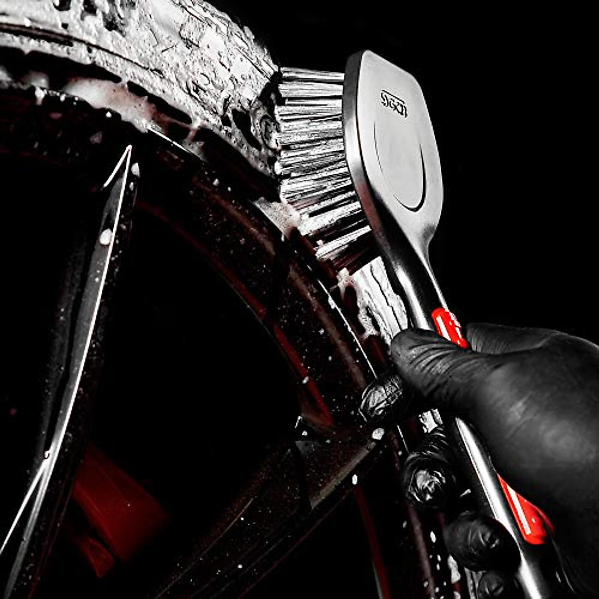 SGCB Tire Brush - Premium Auto Detailing Car Wash Brush for Cleaning Tire, Ergonomic Grip with Long Handle, Durable Use with PBT Bristle Tire Brush for Car Truck SUV & Motorcycle Tire Cleaning