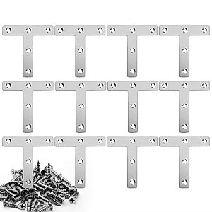 12 Pieces Stainless Steel T Brackets (3.1 x 3.1 inch，80 x 80 mm) Flat Corner Braces, Corner Brackets Joint Right Angle Bracket Mending Repair Plate, 65 Pieces Screws Included