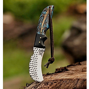 BE BREAK EDGE Handmade Steel Lineman’s Hawkbill knife with Leather sheath,Wire Skinning knife,Heavy Duty Utility knife, Fixed blade Full Tang Electrician knife for professional,(Bison Horn Handle)