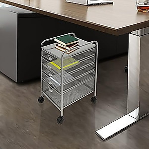 Rolling Carts with Wheels and Drawers, Metal Mesh 5 tier Rolling File Cart File Cabinet with Drawers Storage Cart, Silver