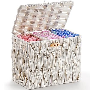 VITVITI Tampon Holder for Bathroom with Lid, Plastic Wicker Feminine Product Organizer Farmhouse Style, White Tampon Basket Storage for Women Girl Stuff Swab Bathroom Decor