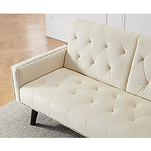 Livavege 72" Convertible Futon Sofa Bed Sleeper Daybed, Velvet Upholstered Folding Loveseat Sofabed Recliner, 3 Seaters Couches with Two Cup Holders for Living Room, Office, Aparment, 72 INCH, Beige