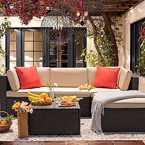 Flamaker 5-Piece Patio Furniture Set - Outdoor Wicker Sectional Sofa with Thick Cushions & Tempered Glass Table - Ideal for Deck, Porch, Terrace (Beige)