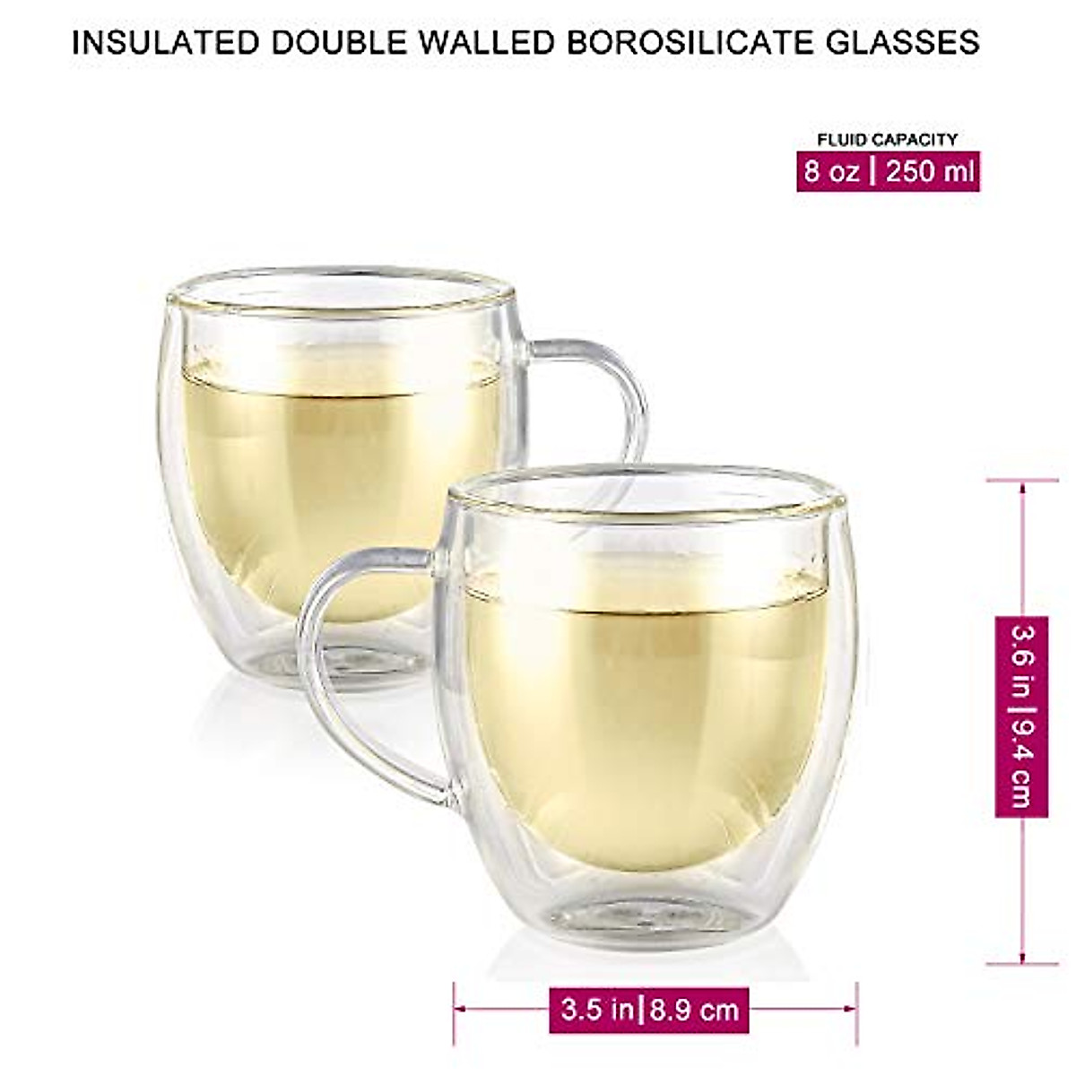 Teabloom Double Walled Cups – 8 oz / 250 ml – Set of 2 Insulated Glass Cups for Tea, Coffee, Espresso, and More – Clarity Collection