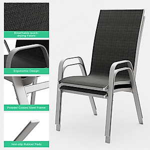 JEAREY Patio Chairs Set of 4, Outdoor Stackable Dining Chairs with Armrests, Breathable Garden Outdoor Furniture for Garden Patio Pool Beach Yard, Black