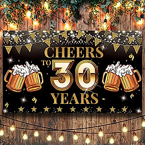Cheers to 30 Years Backdrop Banner, Happy 30th Birthday Decorations for Men Women, 30th Anniversary, Class Reunion Backdrop, Black Gold 30 Years Celebration Party Decoration, Vicycaty (6.1ft x 3.6ft）