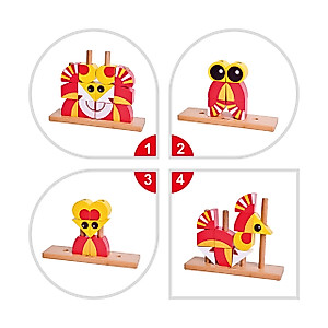 Wooden Stacking,Wood Stacker Blocks, Sorting Toy,Classic World Stacker for Baby Toddler Early Learning Education（Lion Uni Blocks，RED）