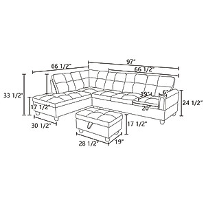 NOTOP Seater 3-Piece Flannel L-Shaped Sectional Sofas, Button Tufted Upholstered Couch Set with Left Chaise Longue and Storage Ottoman, for Living Room, Home, Office, Chocolate, 97