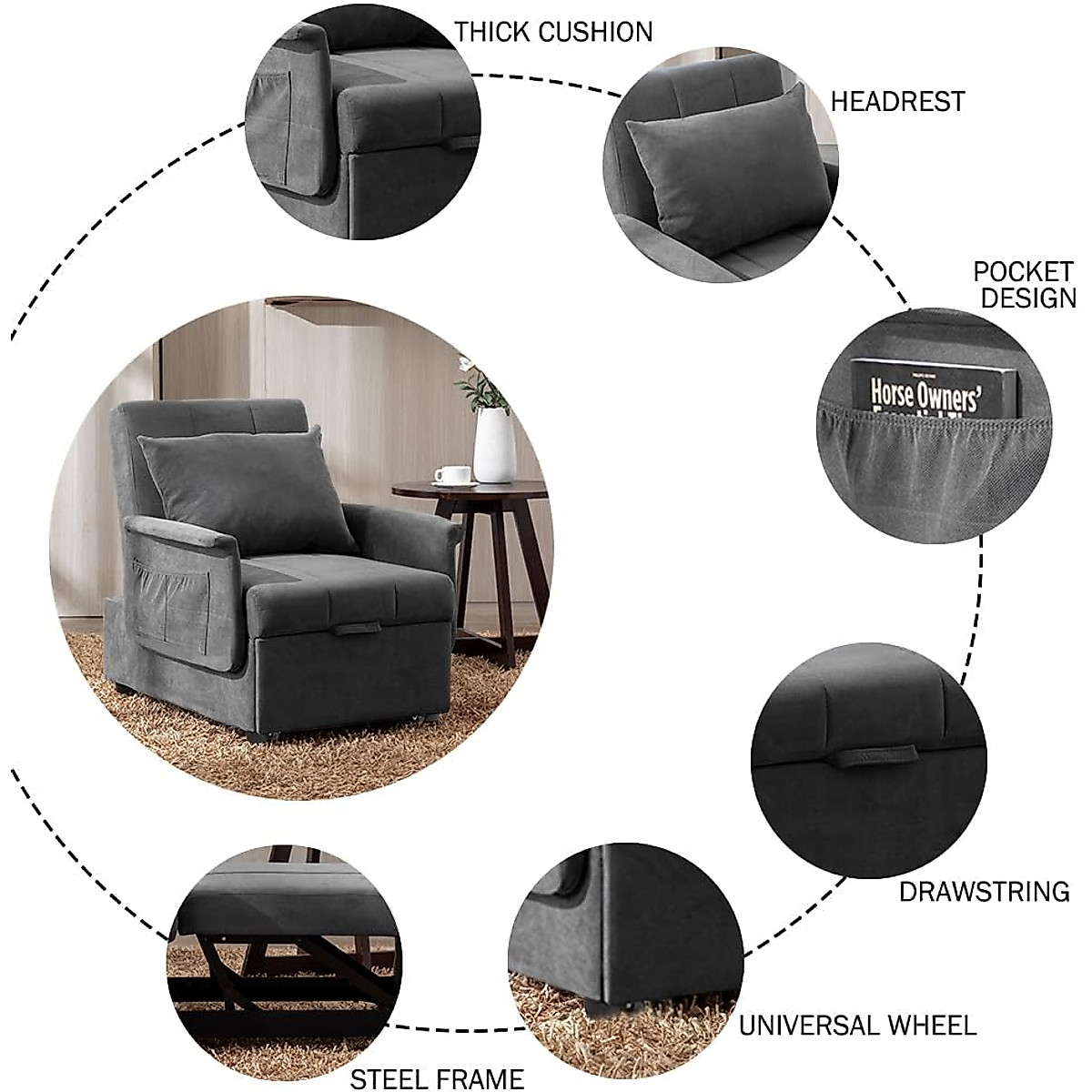 BINGTOO Convertible Chair Sleeper Bed with Lumbar Pillow, 3 in 1 Multi-Function Adjustable Ottoman Bed Bench Guest Sofa Bed Chair, Folding Ottoman Sleeper Guest Bed for Bedroom,Living Room