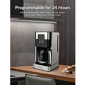 FETIONS Coffee Maker with Glass Carafe for Home Office, Programmable Stainless Steel Drip Coffee Machine with Timer Auto Shut-Off, LED Screen, 12-Cup Coffee Pot with Anti-Drip System, Reusable Filter