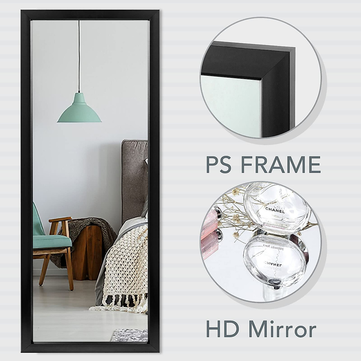 PexFix Full Body Mirror 43"x16" Large Mirror Rectangle Mirror Full Length Hanging or Leaning Against Wall Mirror for Bedroom and Bathroom,Black(No Stand) (JJ01002AAF+USAM019)
