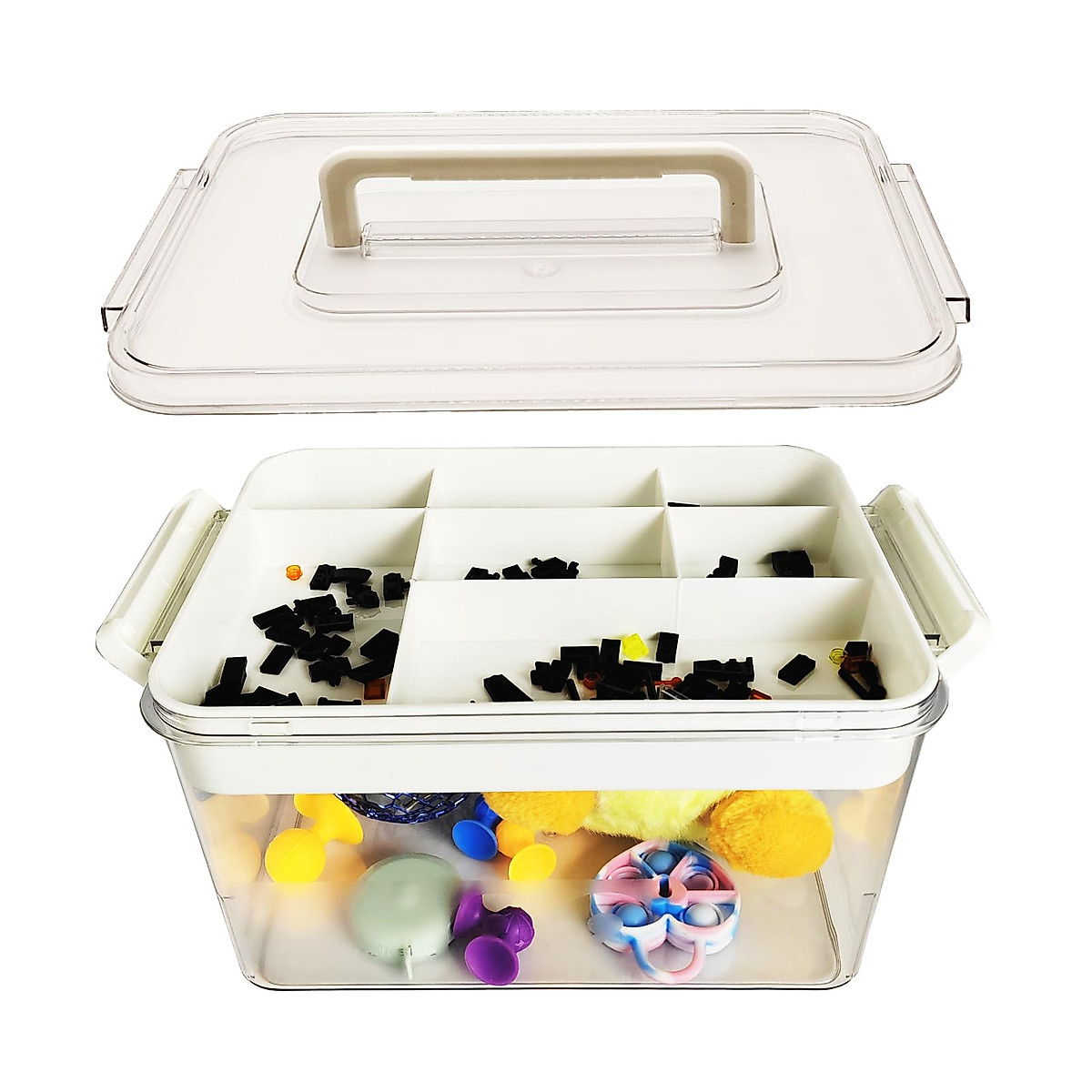XUDAUP Plastic Storage Boxes with Removable10 inch Crafts Organizer Box Bin with Handle Container Latching Organization for Toys,Stationery,Beads,Sewing Supplies Clear white