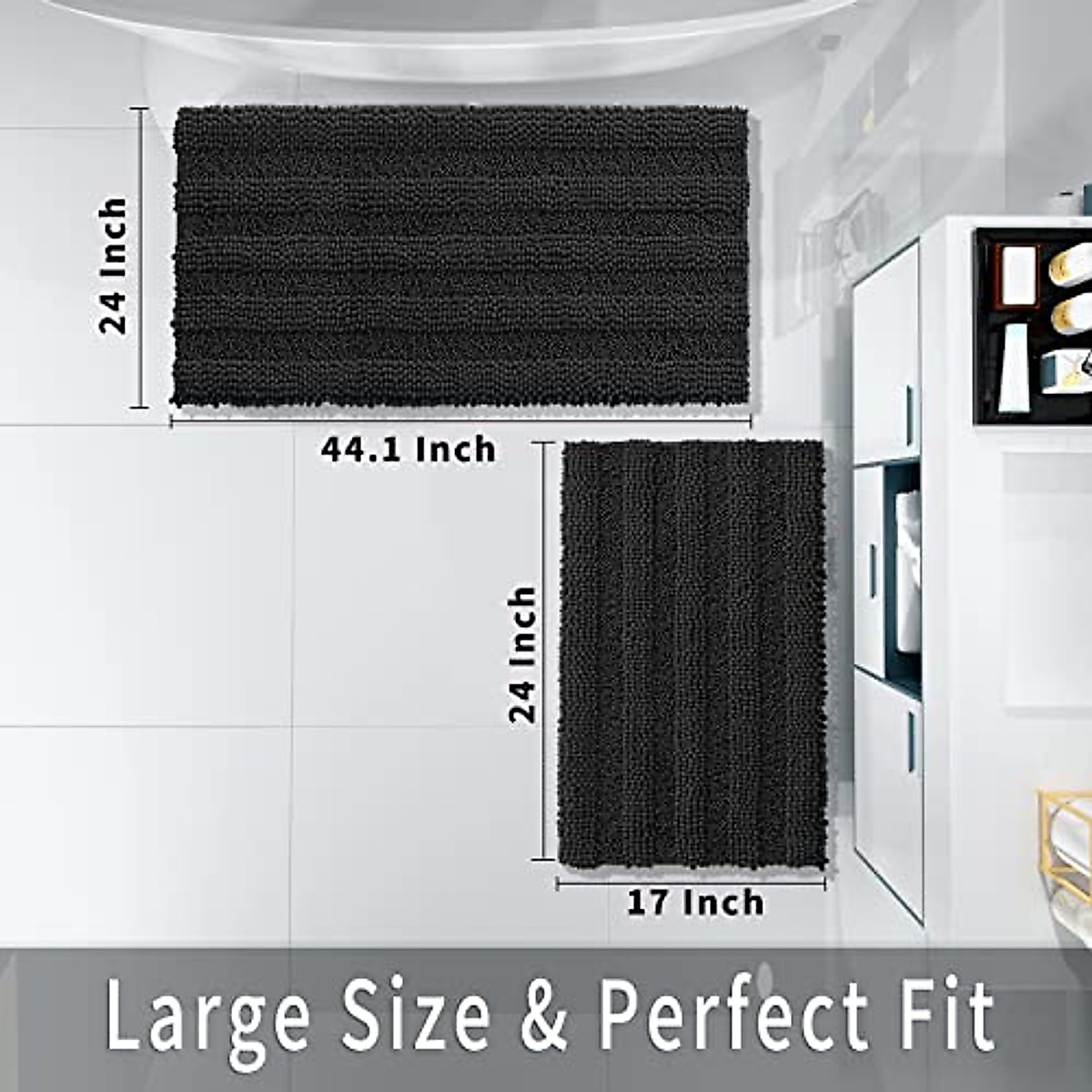 Yimobra Luxury Chenille Shaggy Bathroom Rug Set, 2 Pack Soft Fluffy Plush Bath Mat, Extra Thick, Non-Slip, Water Absorbent, Machine Washable, Bath Mats for Bathroom (Black, 20" x 32"+17" x 24")