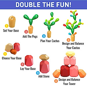 38 PCs Wooden Stacking Stones & Wooden Cactus Toy for Fine Motor Cactus Game, Balancing Cactus Toy is Made for Toddler and Kids with Easy Storage Bag, Educational Stacking Tree and Rock Stocking