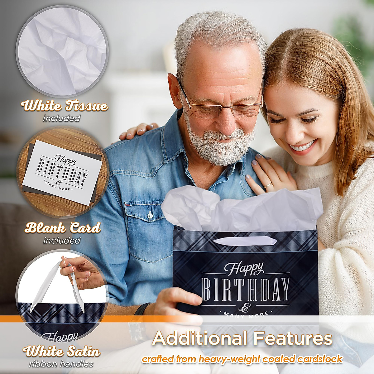 Christian Art Gifts Landscape Gift Bag with Card and Tissue Paper Set - Happy Birthday and Many More, Black and Navy Blue Plaid, Large