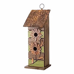 Glitzhome 14.5" H Wooden Garden Bird House Hanging Two-Tiered Distressed with Flowers Decorative Birdhouse