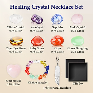 Chakra Crystals and Healing Stones Set, 9 Nature Tumbled Stone Necklace Bracelet Colorful Stone Gift Box,Rose Quartz Heart Polished Stone for Energy Reiki Balance and Anti-Anxiety+Guide…