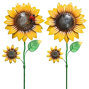 hogardeck Metal Sunflowers Decorative Garden Stakes, 26" Outdoor Garden Decor 9" Flower Shaking Head Yard Stakes, Spring Yard Art Fairy Decorations for Lawn Patio, 2 Pack