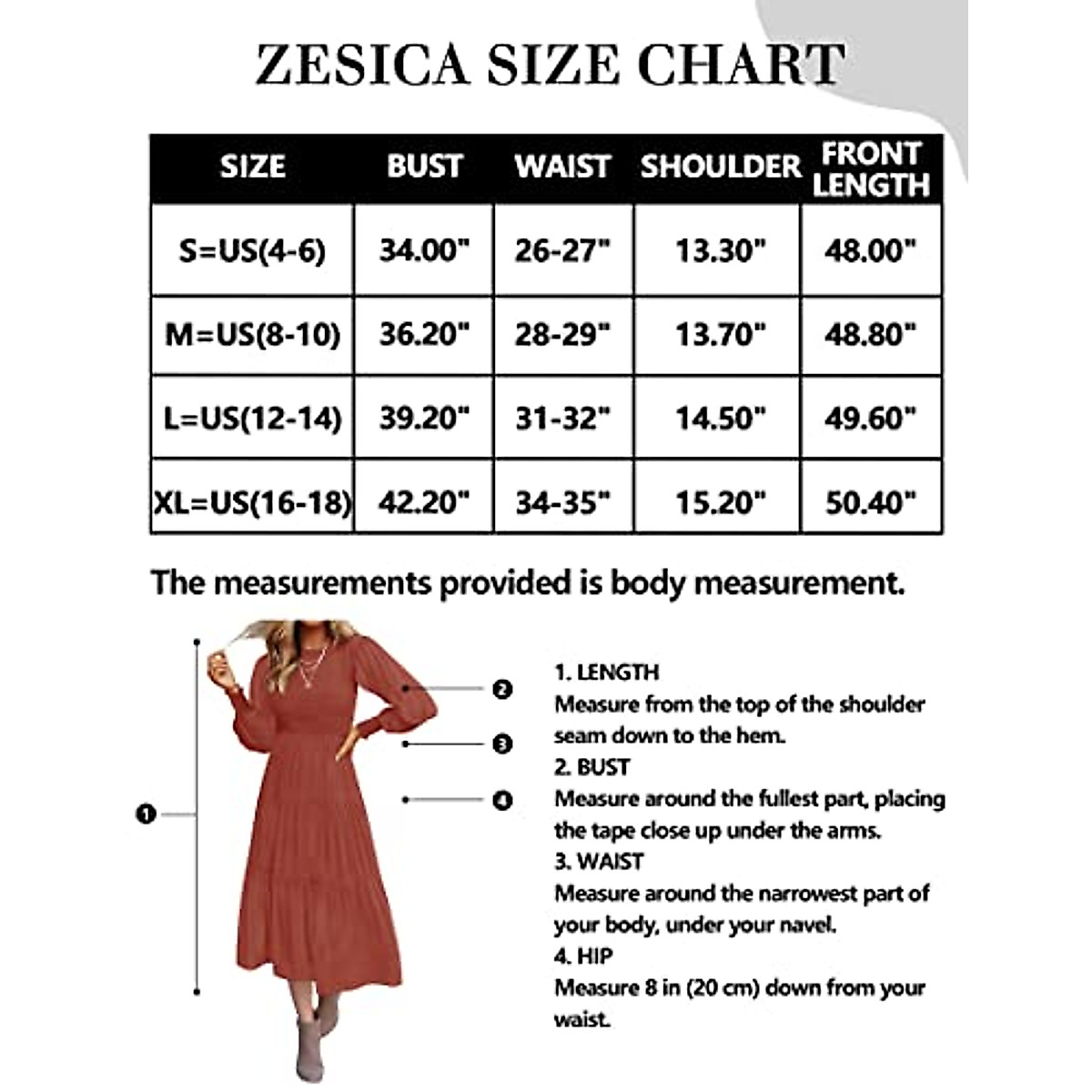 ZESICA Women's 2023 Casual Long Sleeve Crew Neck High Waist Smocked Flowy Tiered Midi Dress,Rust,Medium