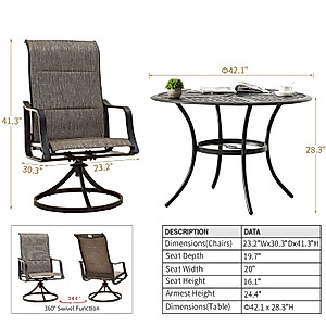 PatioFestival Patio Dining Set 5 Pieces Outdoor Furniture Sets Swivel Rocker Chairs Metal Round Table with All Weather Frame (5Pcs, Grey)