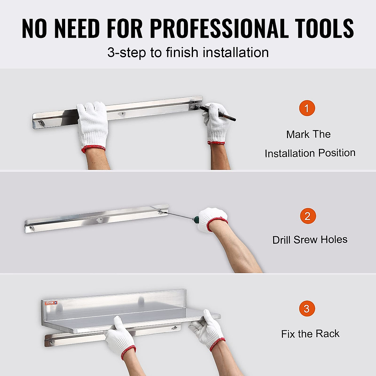 VEVOR Stainless Steel Shelf, Wall Mounted Floating Shelving with Brackets, Commercial Shelves, Heavy Duty Storage Rack for Restaurant, Kitchen, Bar, Home, and Hotel