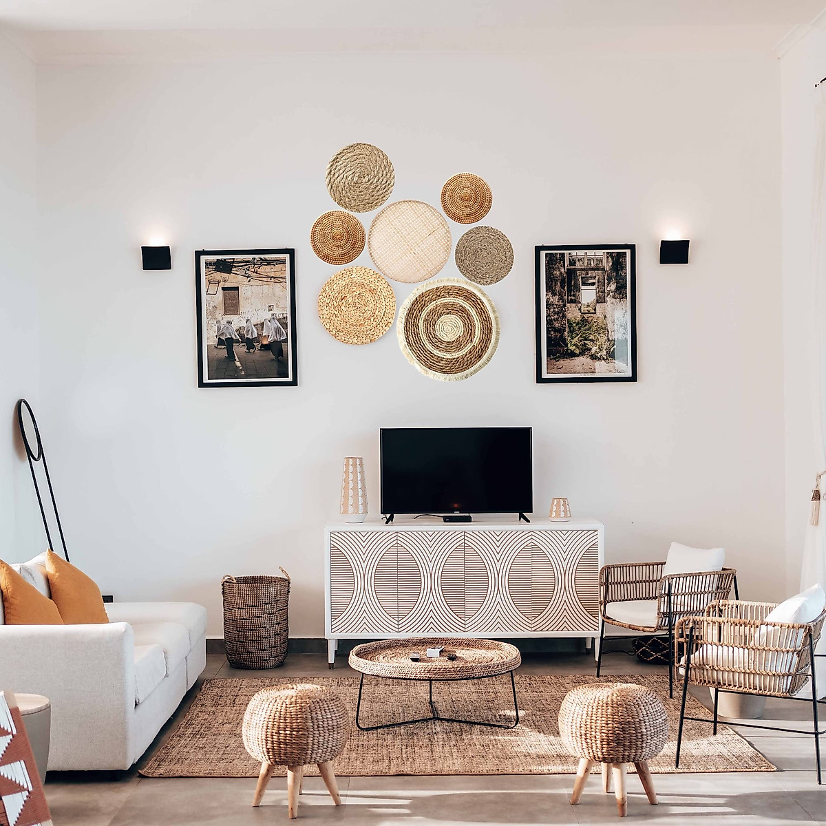 ALYBSOO Boho Wall Basket Decor set of 7, Woven Seagrass Wicker Rattan Flat Baskets Wall Hanging Decor, Handmade African Round Wall Baskets Decor, for Living Rooms, Bedrooms