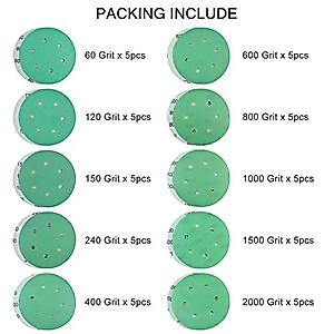 50PCS 6 Inch 6 Hole Wet Dry Sanding Discs Hook and Loop Assortment Grit 60 120 150 240 400 600 800 1000 1500 2000(5 of each) Green Film Dustless Sander Sandpaper for Metal Car Boat Polishing Finishing