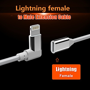 iPhone Charger Extension Cable,[Apple MFi Certified] 90 Degree Lightning Charging Male to Female Extender Dock Cable Adapter for iPhone 14 Pro Max/13/12/11/XS/XR/X/8/7/6 Pass Data Audio