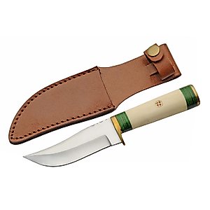 SZCO Supplies 203444-8 Wood and Bone Handled Upsweep Outdoor Hunting Knife with Leather Sheath, Green, 8.25" Length
