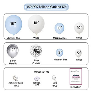 Monlot Baby Shower Decorations for Boy 150 Pcs Blue Balloon Garland Baby Blue Balloon Arch Kit White Metallic Silver Confetti Balloons for Wedding Bridal Shower Birthday Party Decorations