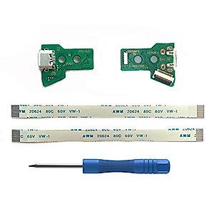 2PCs JDS-055 Replacement Charging Port Assembly for PS4 DualShock 4, Repair Part Micro USB Adaptor Charger Socket Board Connector Module for PlayStation DS4 Controller, Flex Cable, Tool Screwdriver