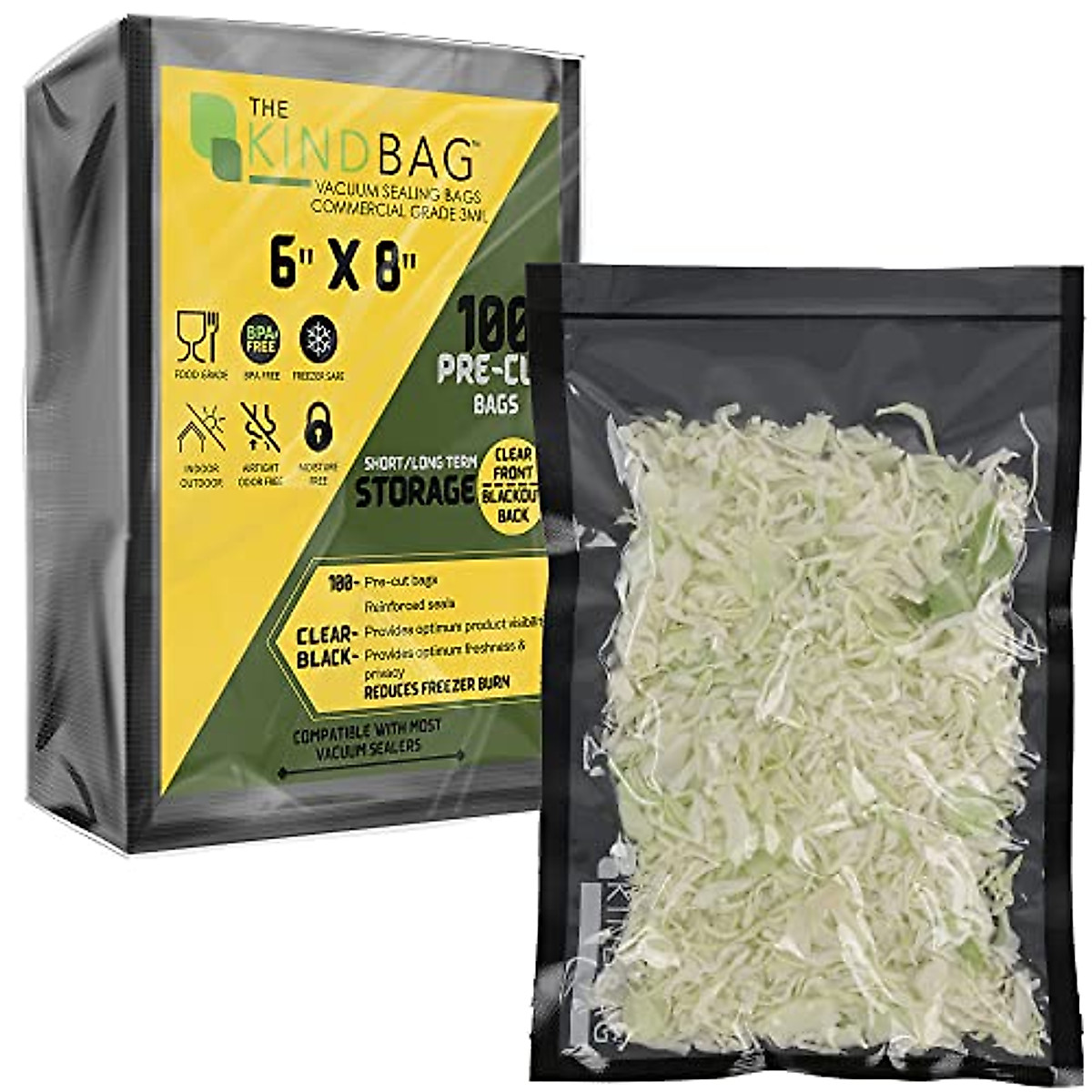 The Kind Bag Vacuum Seal Bags for Food; Food Grade, BPA Free & Freezer Safe; Airtight, Odor Free and Moisture Free; Commercial Grade 3mil Clear & Black; 6x8 inch Pre Cut Bags (100ct)
