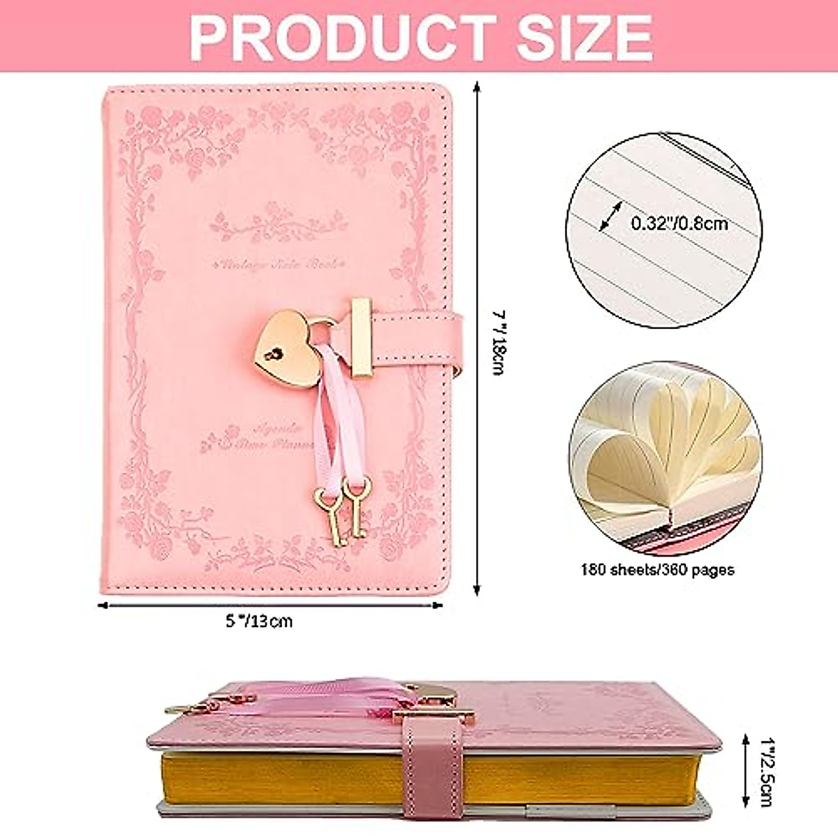 AtoZ Create Diary with Lock and Keys for Teen Girls 360 Pages Leather Heart Shaped Locking Journal (B6(7"*5"),Pink)