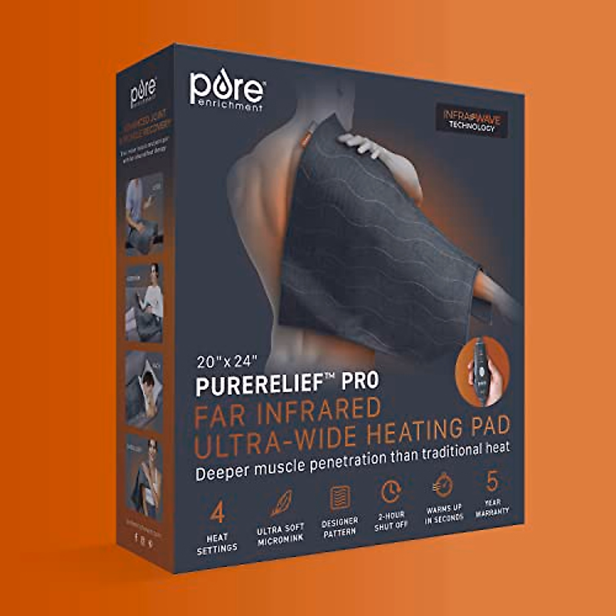 Pure Enrichment® PureRelief™ Pro Far Infrared Ultra-Wide Heating Pad - Deeper Muscle Relief for Back, Neck, Shoulder, & Knee Pain in Athletes, 4 Heat Settings, Dry/Moist Heat, 20” x 24” Wide Size