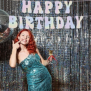 KIDZVEFUN Happy Birthday Decorations, Iridescent Banner and Smile Face for Birthday Party Disco Silver Cool Stranger Things Supplies Favor 21st 30th 40thBday Decorations for Women(Iridescent Happy Birthday)