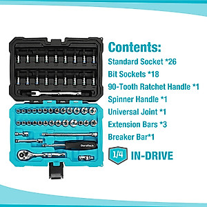 DURATECH 1/4" Socket Set, 51 Piece Tool Set Including Standard(SAE) and Metric Sockets, Bit Sockets, Ratchet and Universal Joint