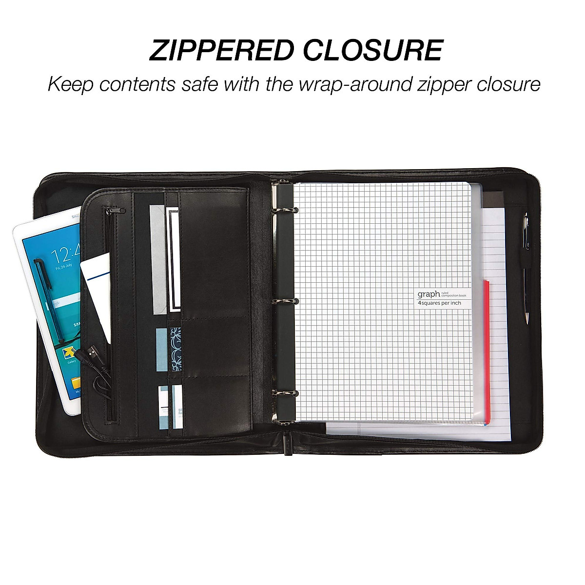 Samsill Professional 1-Inch Zipper Binder Padfolio with iPad Pocket, Interview Document Organizer, Includes Refillable 8.5 x 11 Inch Writing Pad and Pen Loop, Black