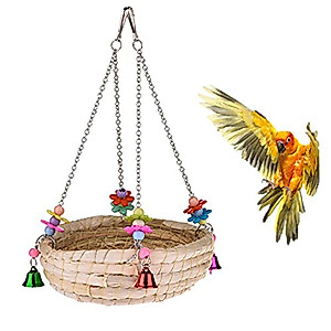 Woven Straw Nest Bed Large Bird Swing Toy with Bell for Parrot Cockatiel Parakeet African Grey Cockatoo Macaw Amazon Conure Budgie Canary Lovebird Finch Hamster Chinchilla Cage Perch