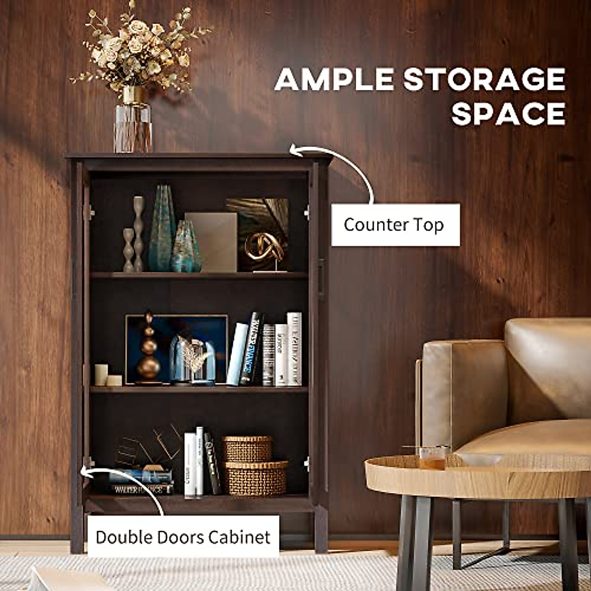 HOMCOM Rustic Kitchen Storage Cabinet, Accent Sideboard with Glass Doors Adjustable Shelves for Dining Living Room, Brown Wood Grain