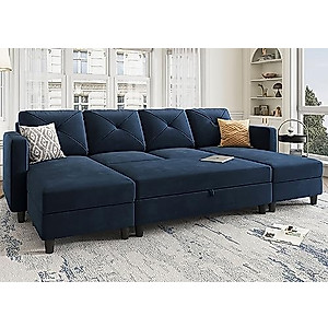 HONBAY U Shaped Sofa with Storage Ottoman Sleeper Sofa with Double Chaise Sofa Bed for Living Room, Velvet Dark Blue