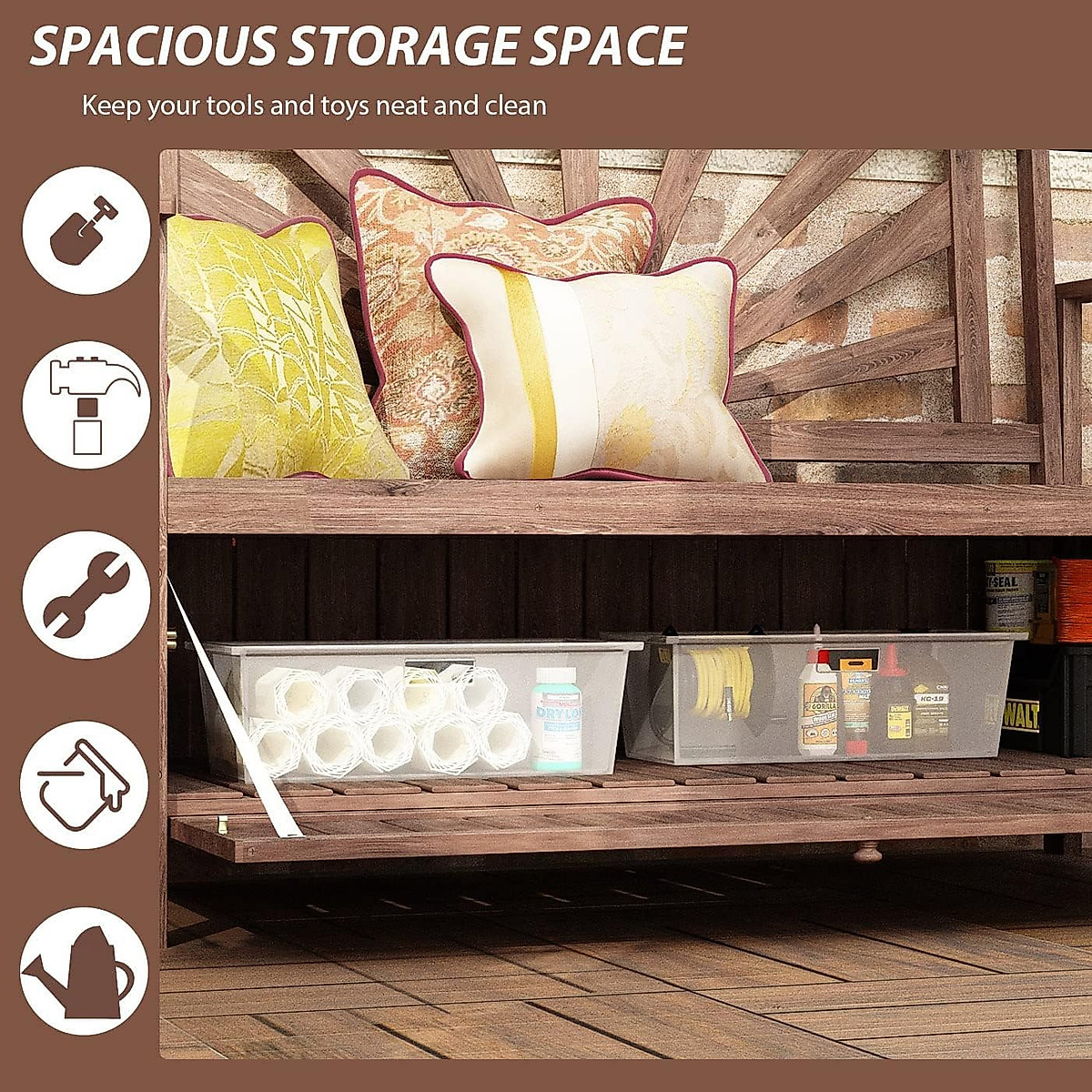 Timechee Outdoor Storage Bench Large Deck Box, 47.2" Patio Wooden Loveseat Benches, Garden Seating Furniture with Cup Holder & Storage Space for Tools for Deck, Porch & Balcony, Brown