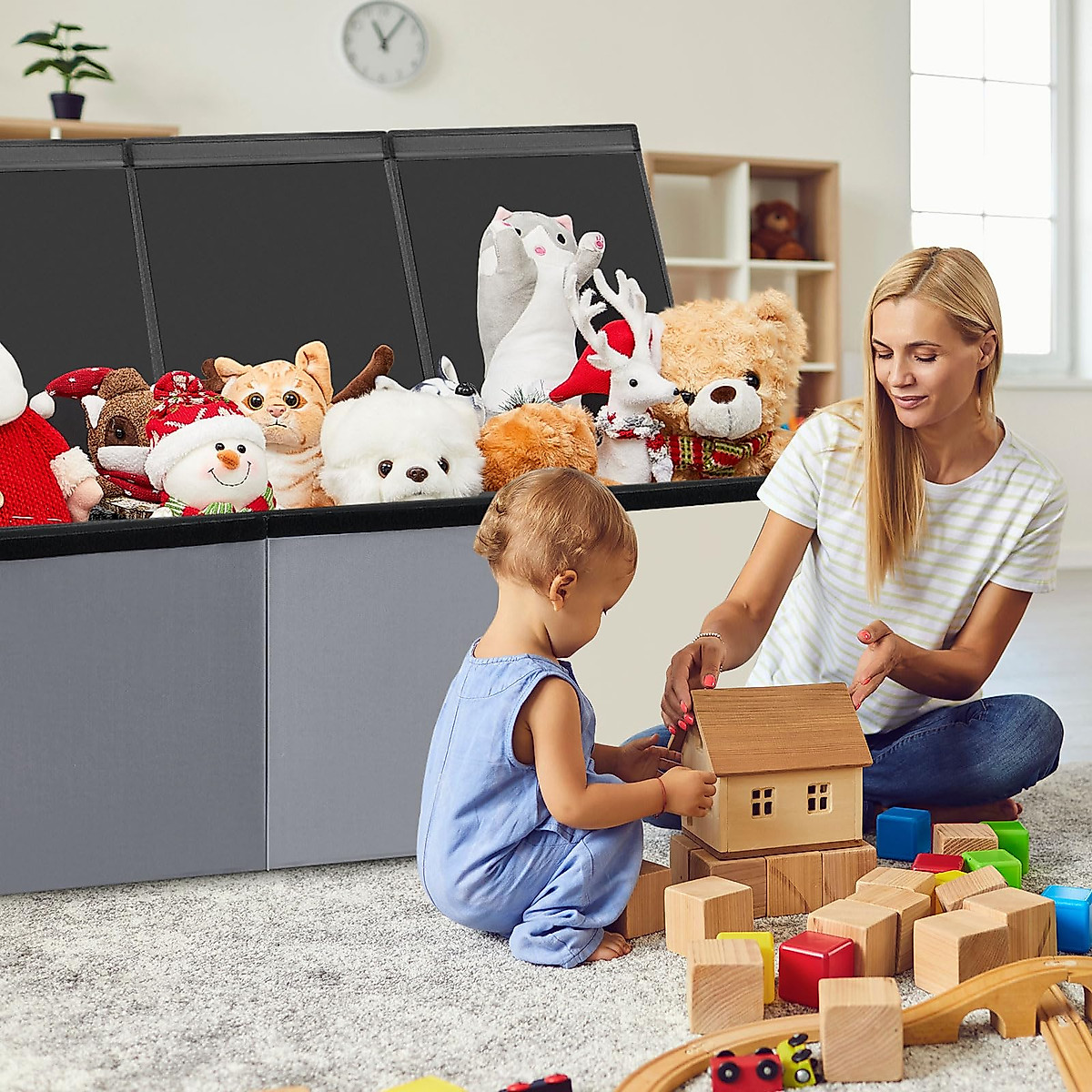 Patelai Extra Large Toy Box Chest 3/4 Dividers Collapsible Sturdy Storage Bins with Lid and Handles Storage Organizer for Living Room Playroom Bedroom Nursery(Black, White, Gray,49.2 x 13 x 15.7'')