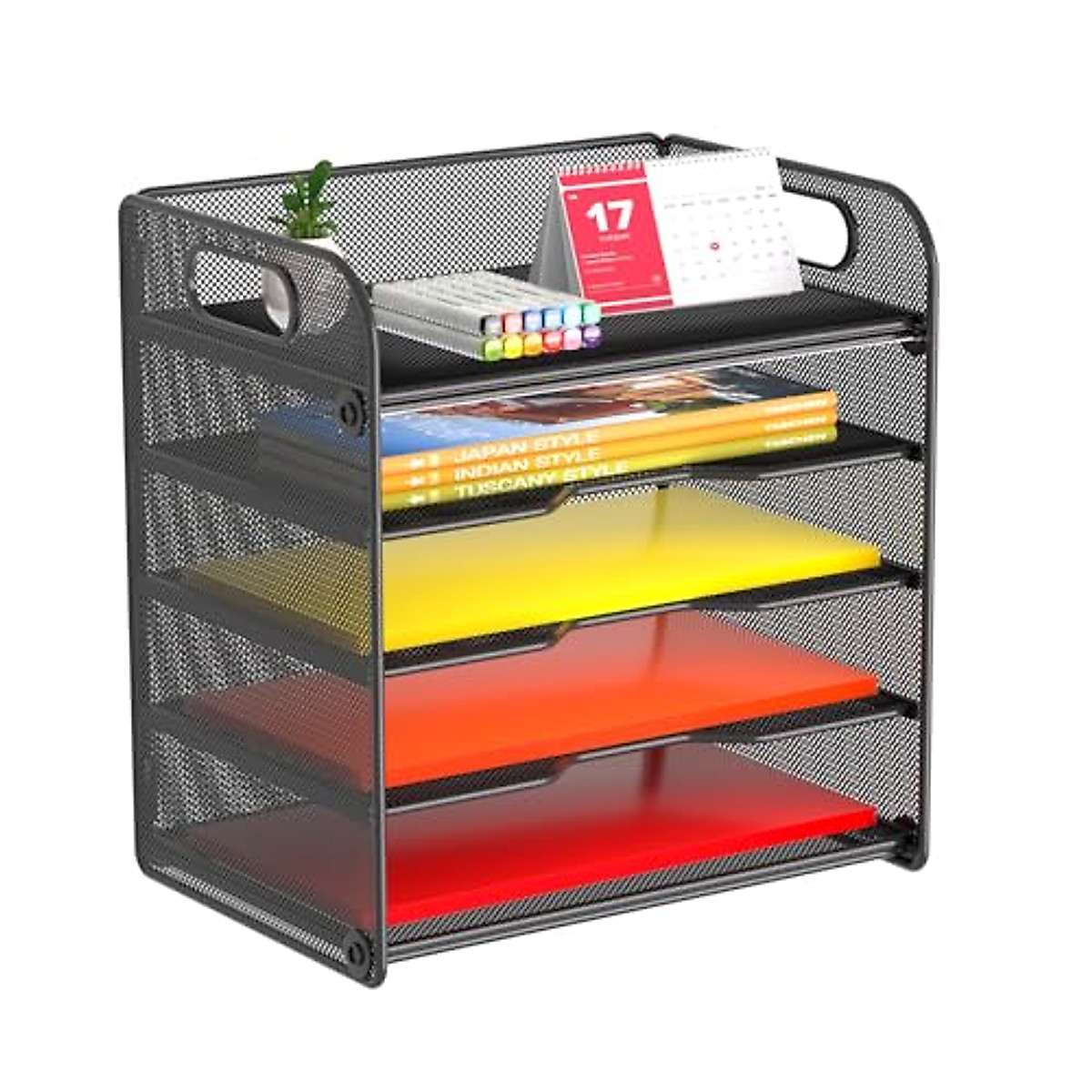 Samstar Mesh Desk Organizer with Handle, 5 Tier Letter Tray Paper Organizer File Sorter Rack Shelves, Black