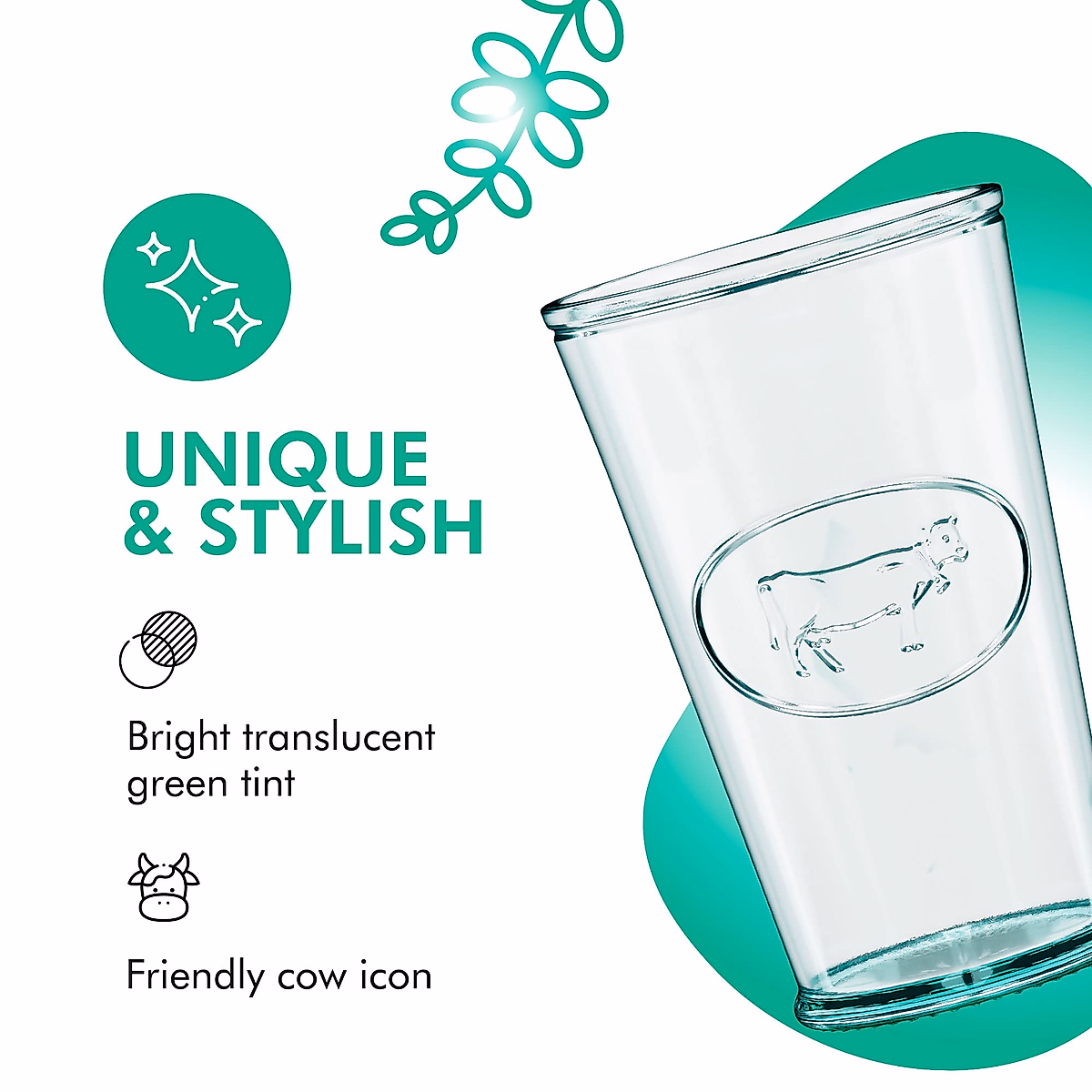 Amici Home Milk Glass | 11 Oz | Italian Made, Clear Recycled Glass with Green Tint | Cute Glass with Cow Motif for Milk, Water, Juice, Cocktails, Fresh Drinks (Set of 4)