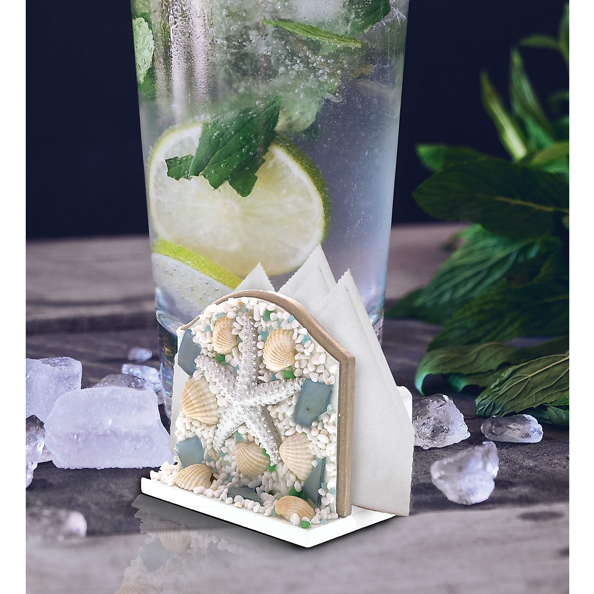 CoTa Global Oceanic Napkin Holder for Table - Nautical Collection Napkin Holders for Kitchen Table, Starfish and Seashell Paper Napkins Holder for Dining Table, Wood Coastal Coffee Table Napkin Holder