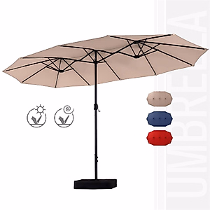PHI VILLA 15ft Large Patio Umbrella Double-Sided Outdoor Market Pool Umbrellas with Crank, Umbrella Base (Stand) Included(Beige)