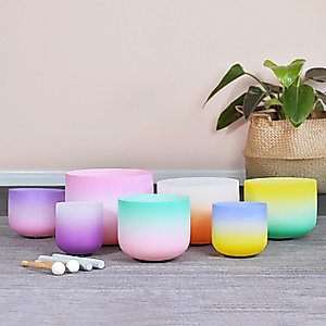 440HZ 6"-12" Set of 7 PCS Frosted Quartz Color Crystal Singing Bowl Set Sound Healing Instrument with Singing Bowl Mallet Suede Strikers Heavy Duty Carrying Cases