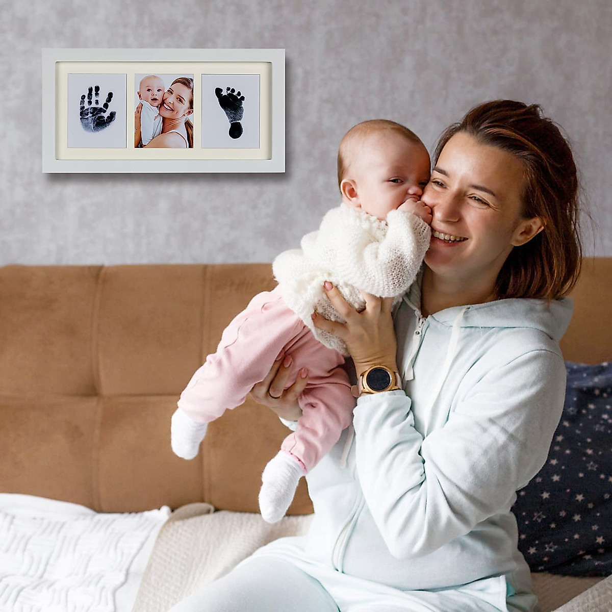 Baby Handprint and Footprint Kit(Safe Clean-Touch Ink Pad for Prints), Picture Frame in Elegant White Natural Wood, Baby Keepsake Frame, Baby Shower Gifts, Non-Toxic, Baby Safe(White)