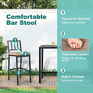 COSTWAY 3 Piece Outdoor Patio Bar Set, 48" Rectangular Pub Height High Top Bar Table with 2 Cushioned Bar Stools, Metal Bar Table and Chairs Set for Balcony, Backyard, Porch